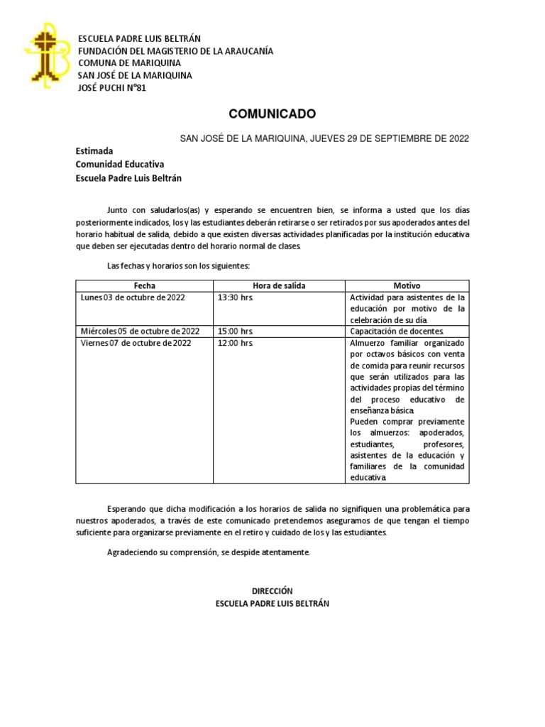 Comunicado Apoderados Escuela Padre Luis Beltrã - N | PDF