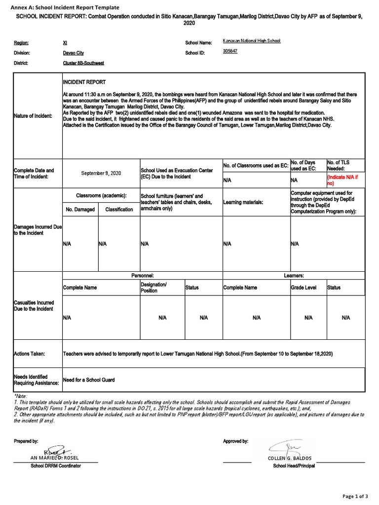 Deped Incident Report - Template - 20170301 1 | PDF | Classroom