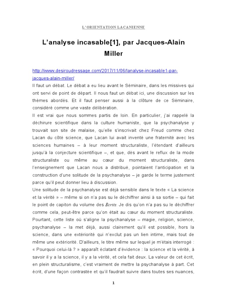 L'Analyste Incasable selon Lacan | PDF | Jacques Lacan | Psychanalyse