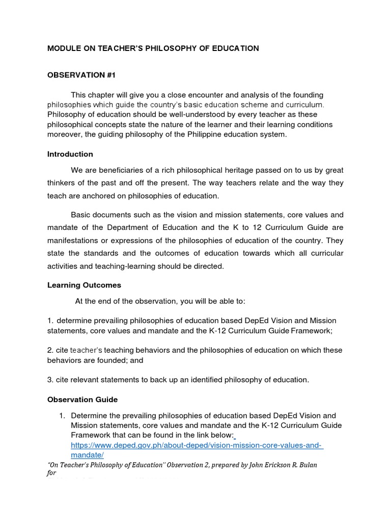 Teachers Philosophy of Education | PDF | Philosophy Of Education ...
