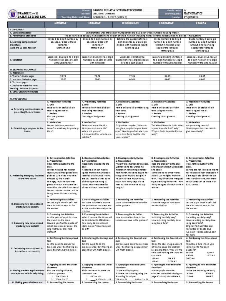 DLL - Mathematics 4 - Q1 - W7 | PDF | Division (Mathematics) | Learning