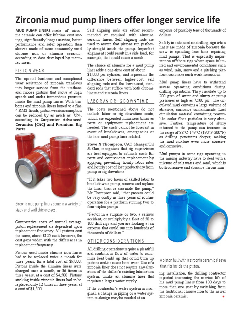 Zirconia Mud Pump Liners Offer Longer Service Life | PDF | Drilling Rig ...