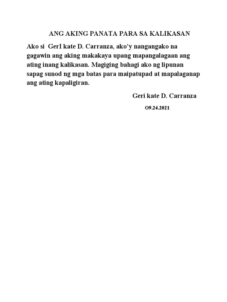 Ang Aking Panata para Sa Kalikasan | PDF