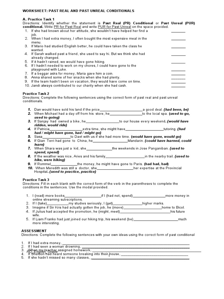 Q1 Past Real and Past Unreal CONDITIONALS WORKSHEET Format | PDF | Self ...