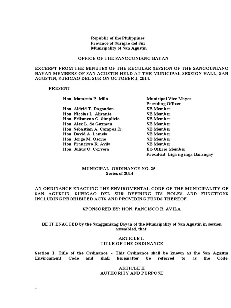 San Agustin Environmental Code 2014 | PDF | Waste | Sustainability