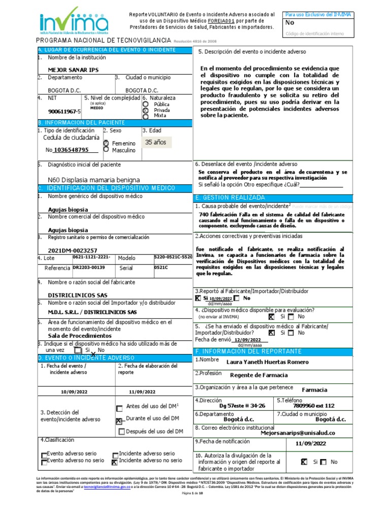 Reporte de Evento Adverso FOREIA001 | PDF | Cuidado de la salud | Medicina