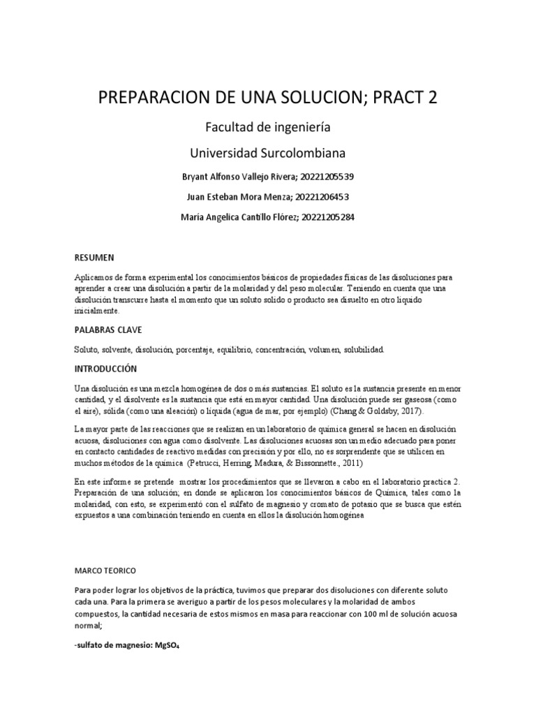 Informe Practica 2 Preparacion de Una Solucion. | PDF | Solubilidad | Solvente