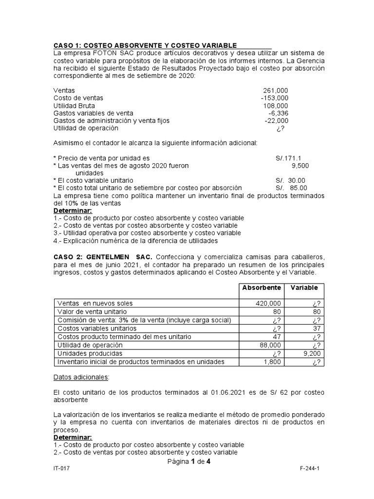 CASOS COSTEO ABSORbENTE Y VARIABlE | PDF | Inventario | Business