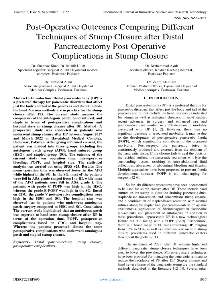 Post-Operative Outcomes Comparing Different Techniques of Stump Closure ...
