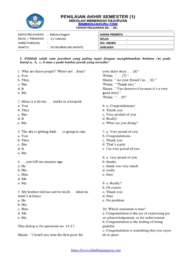 PAS Bahasa Inggris Kelas 10 SEM 1 v1 | PDF