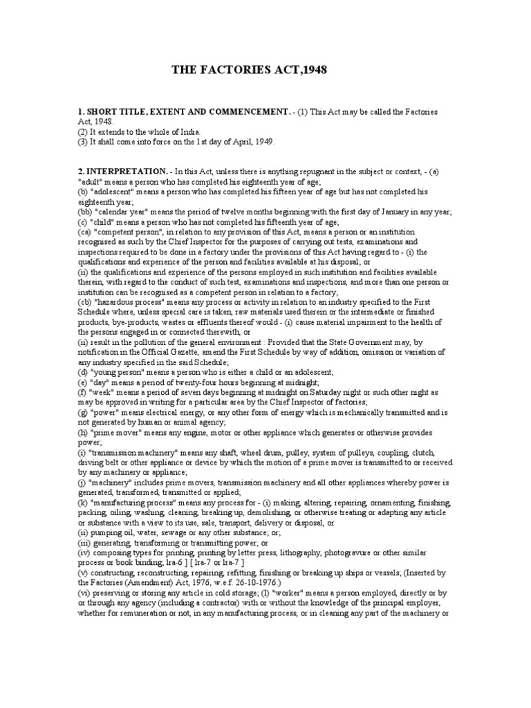 Factories Act 1948 Summary | PDF | Belt (Mechanical) | Machine (Mechanical)