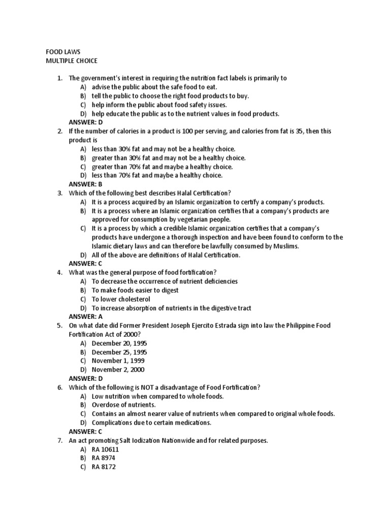 Food Laws MCQ Download Free PDF Food Safety Foods