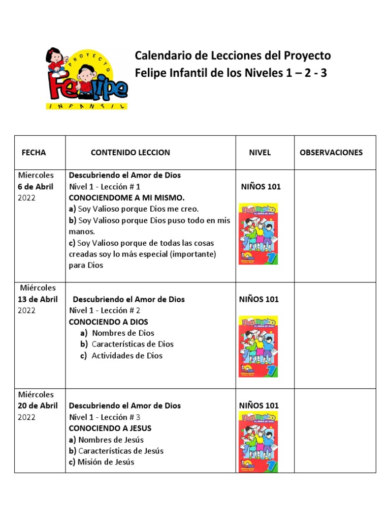 Proyecto Felipe Calendario de Lecciones 1,2,3 | PDF | Biblia | Diez ...