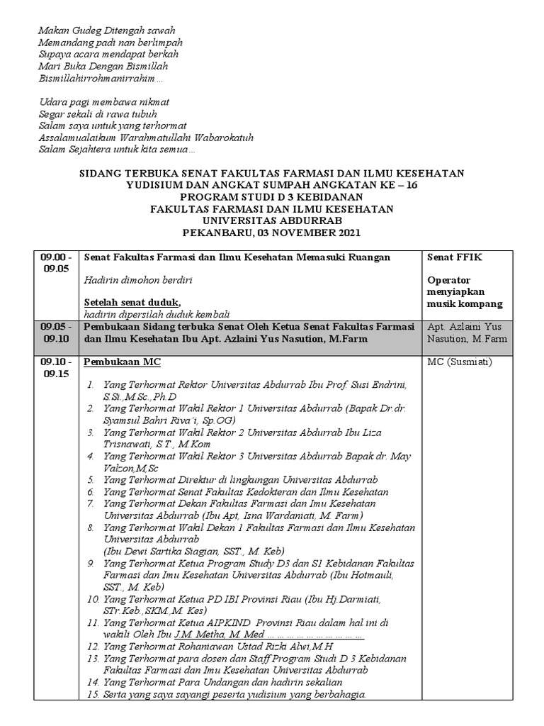 Susunan Acara YUDISIUM Kebidanan 2021 | PDF