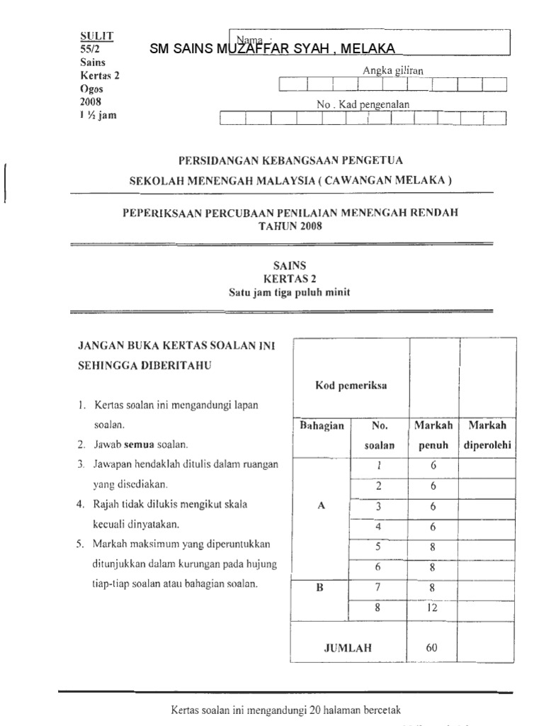 PMR Percubaan 2008 Melaka Science Paper 2 | PDF