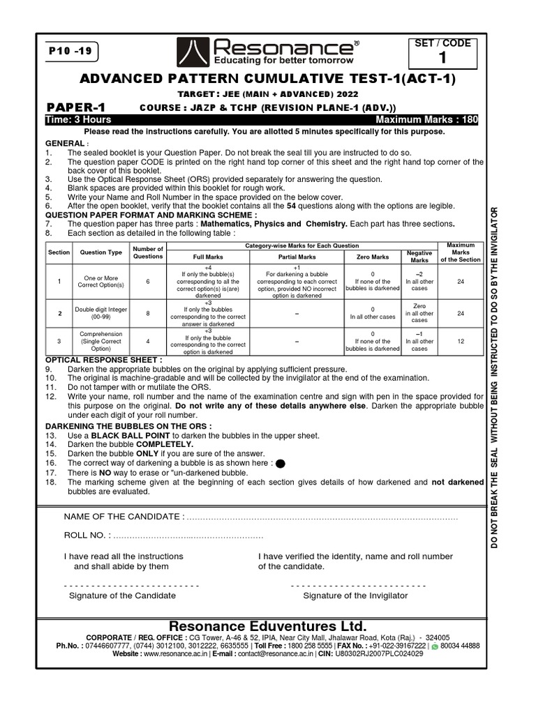ACT - 1 - Paper 1 Resonance | PDF | Triangle | Orbit