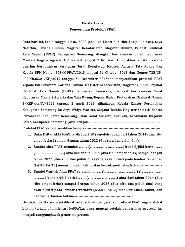 Berita Acara Penyerahan Protokol PPAT | PDF