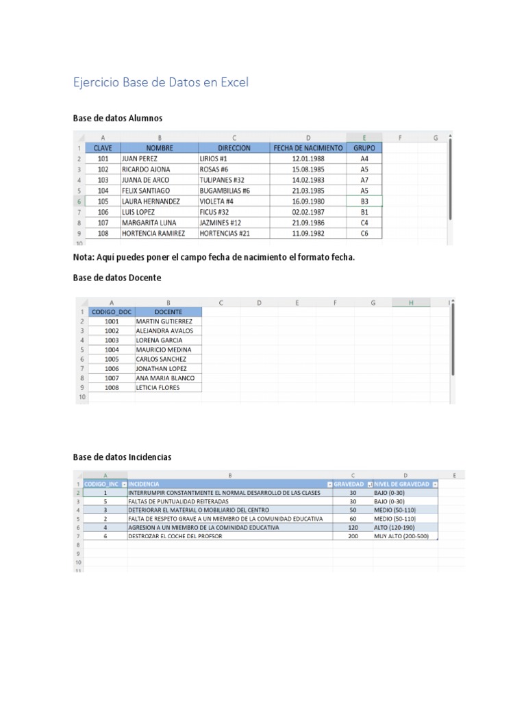 Ejercicio Base de Datos en Excel | PDF