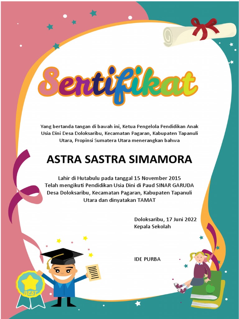Desain Sertifikat TK Gratis 1 Word Potrait | PDF
