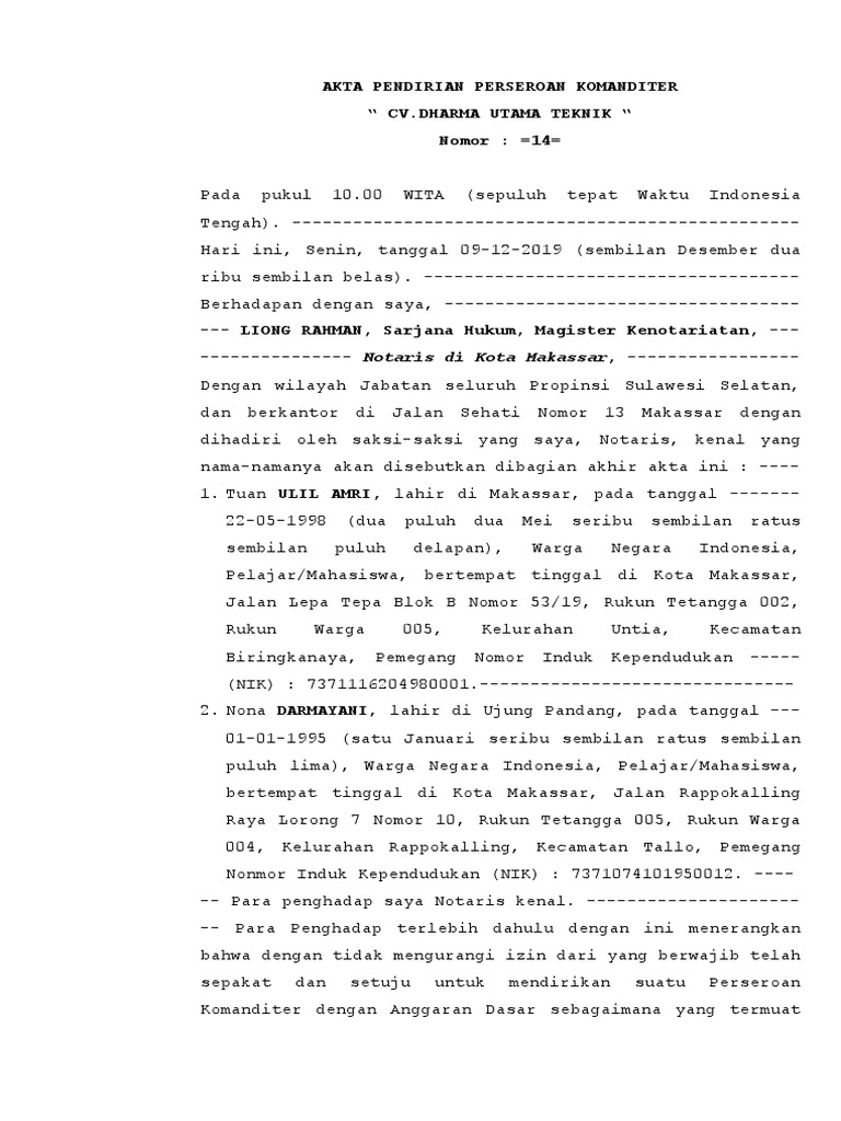 Akta Pendirian CV Dharma Utama Teknik | PDF