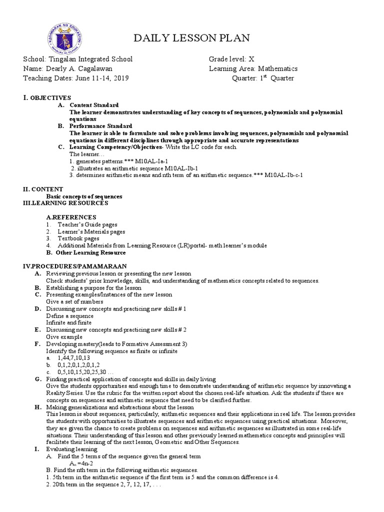 DAILY LESSON PLAN 10 Mathematics | PDF