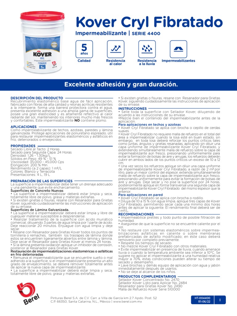 Ficha Tecnica Kover Cryl Fibratado 0 | PDF | Agua | Ingeniería de ...