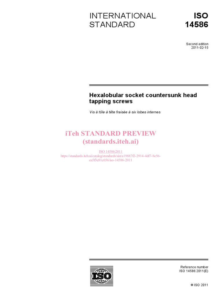 ISO-14586-2011 Hexalobular Socket Countersunk Head | PDF | Screw | International Organization ...