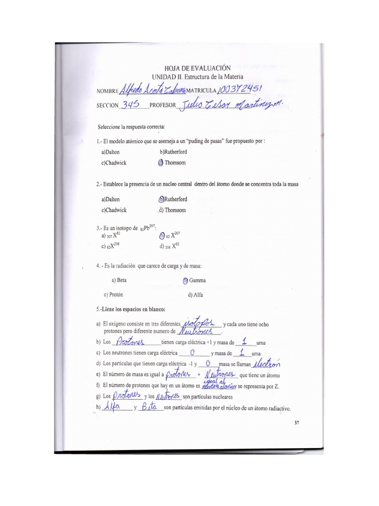 Hoja de Evaluacion Unidad 2 Estructura de La Materia | PDF