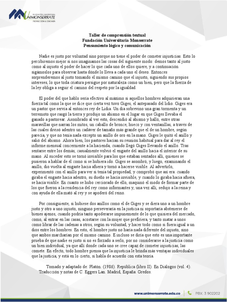 Taller de Comprensión Textual | PDF | Pensamiento | Salón de clases