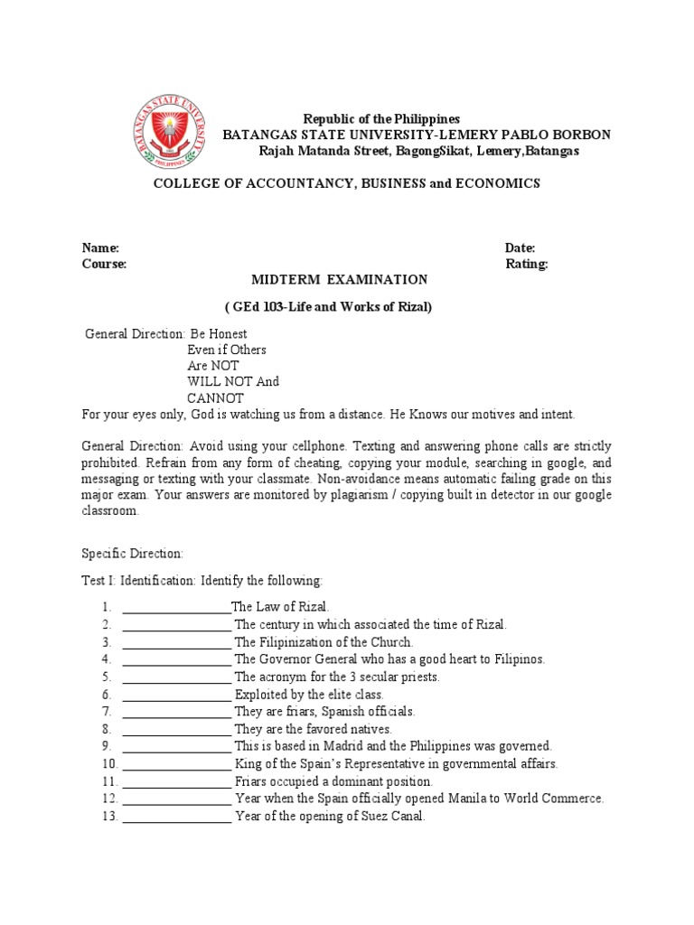MIDTERM EXAM FOR GEd 103 Life and Works of Rizal | PDF | Philippines