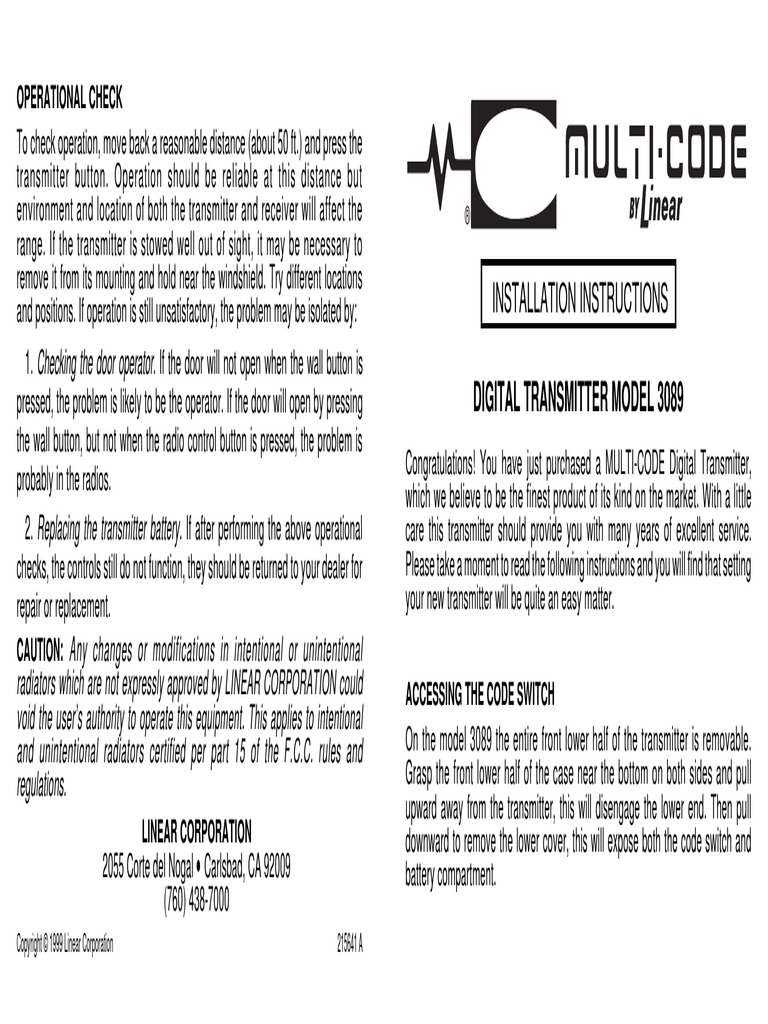 Multi-Code Remote Control 3089 Manual One Button | PDF | Transmitter | Radio