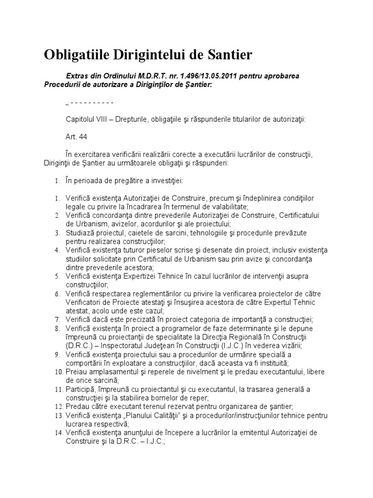 Obligatiile Dirigintelui de Santier | PDF
