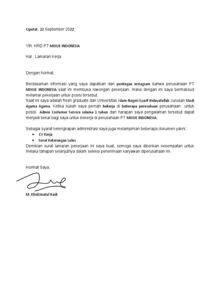 Surat Lamaran Kerja di PT MIXUE | PDF