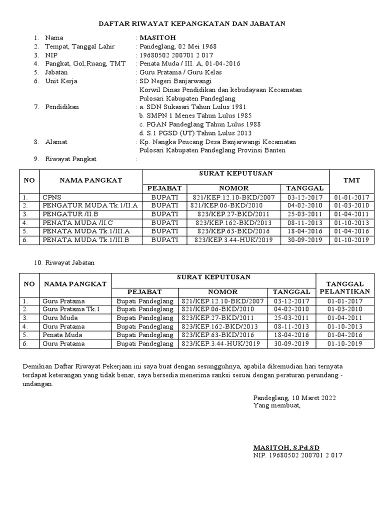 Daftar Riwayat Kepangkatan Dan Jabatan | PDF