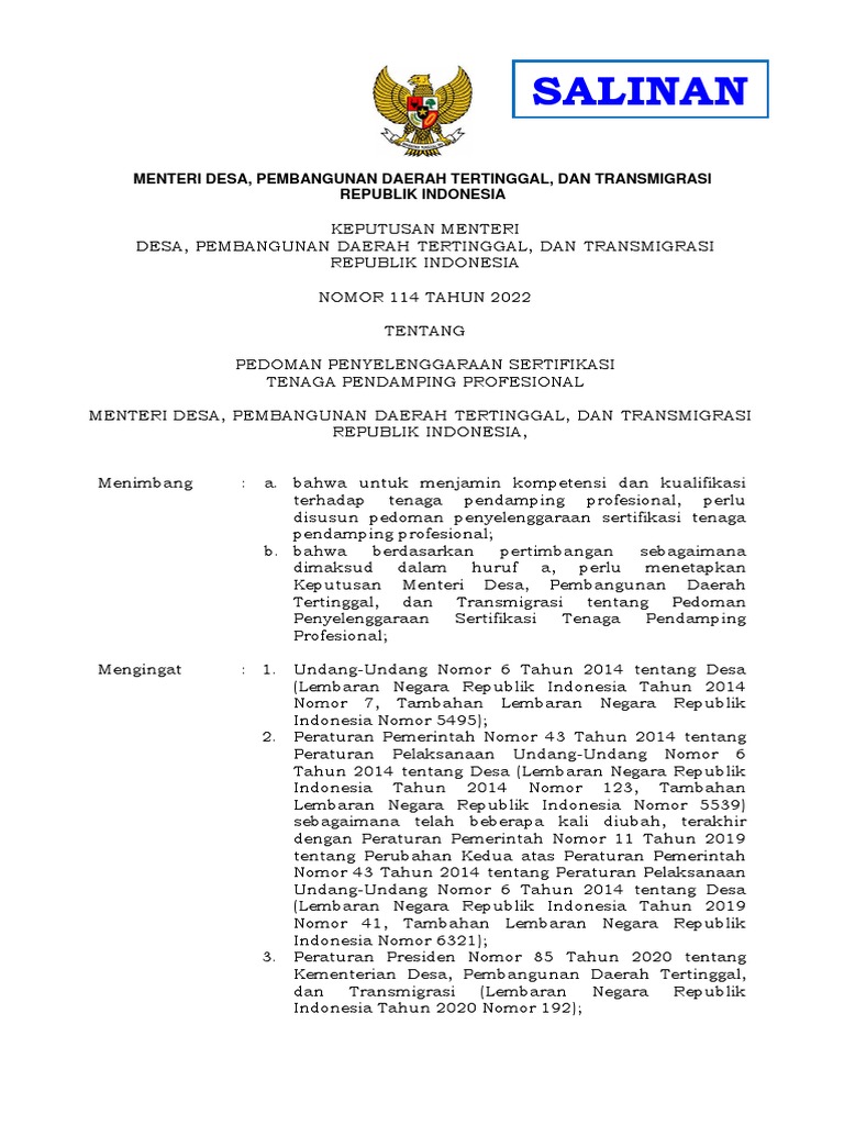 Kepmendes 114 TH 2022 TTG Pedoman Penyelenggaraan UjiKom TPP | PDF