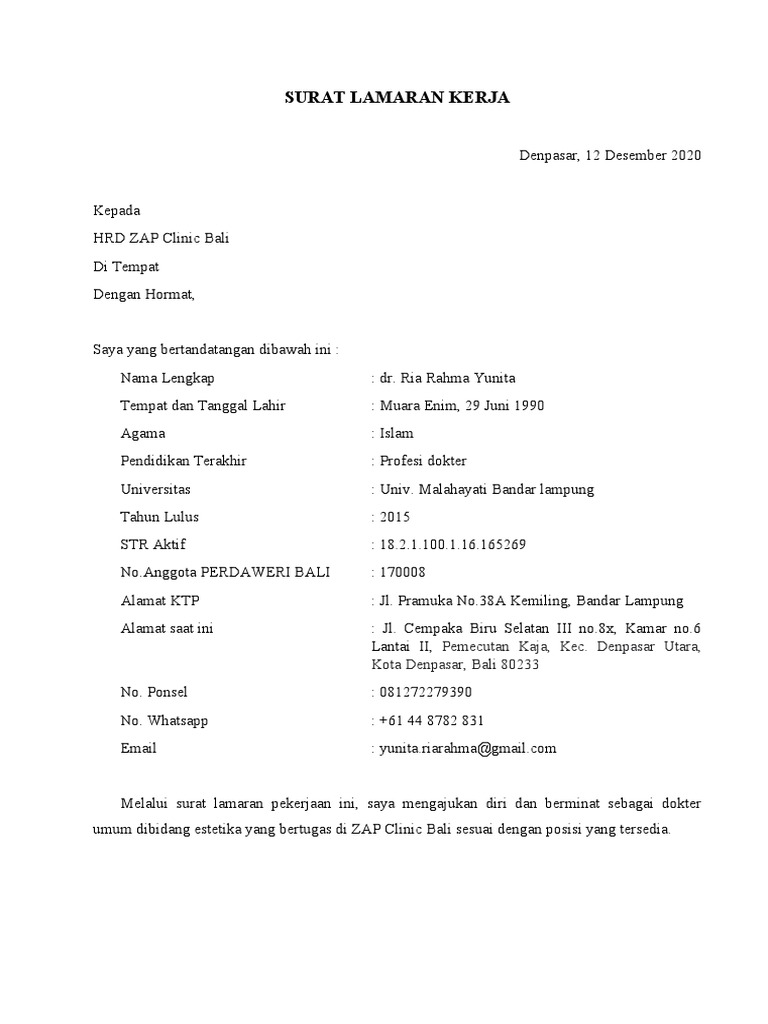 SURAT LAMARAN KERJA - DR RIA RY - ZAP BALI | PDF | Pengembangan Diri | Kesehatan Holistik