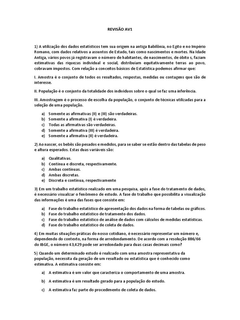 Revis o Av1 | PDF | Amostragem (Estatística) | Estatísticas