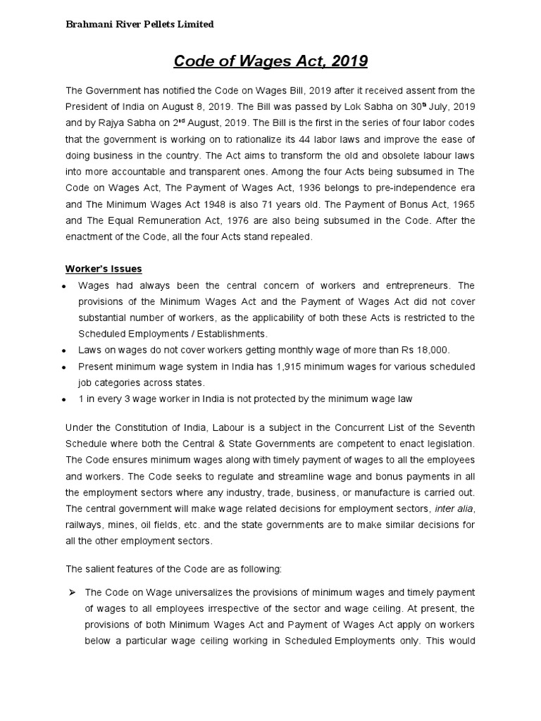 Code of Wages Act, 2019 | PDF | Wage | Employment
