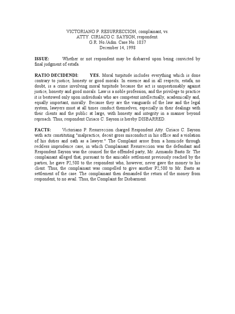 Resurreccion Vs Sayson - Digest | PDF