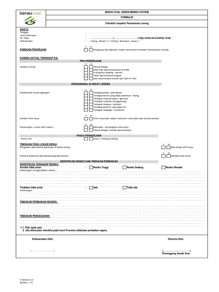 F-GNH-01 01 - Formulir Check List Inspeksi Pemantauan Lereng | PDF