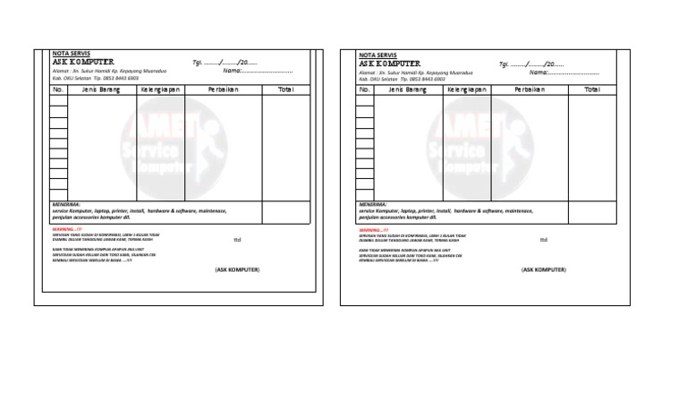 Nota Service Amet Service Komputer | PDF
