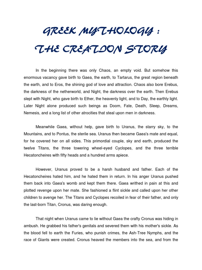 Greek Mythology - The Creation Story | PDF | Zeus | Twelve Olympians