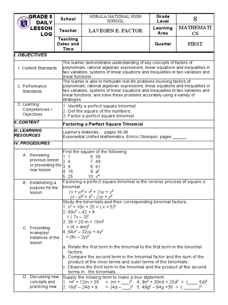 DLL MATH 8 week 1 day4 | PDF | Equations | Factorization
