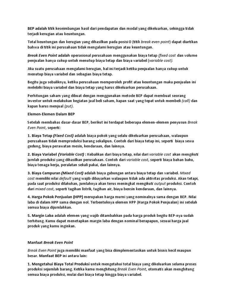 Panduan Lengkap Break Even Point (BEP) | PDF