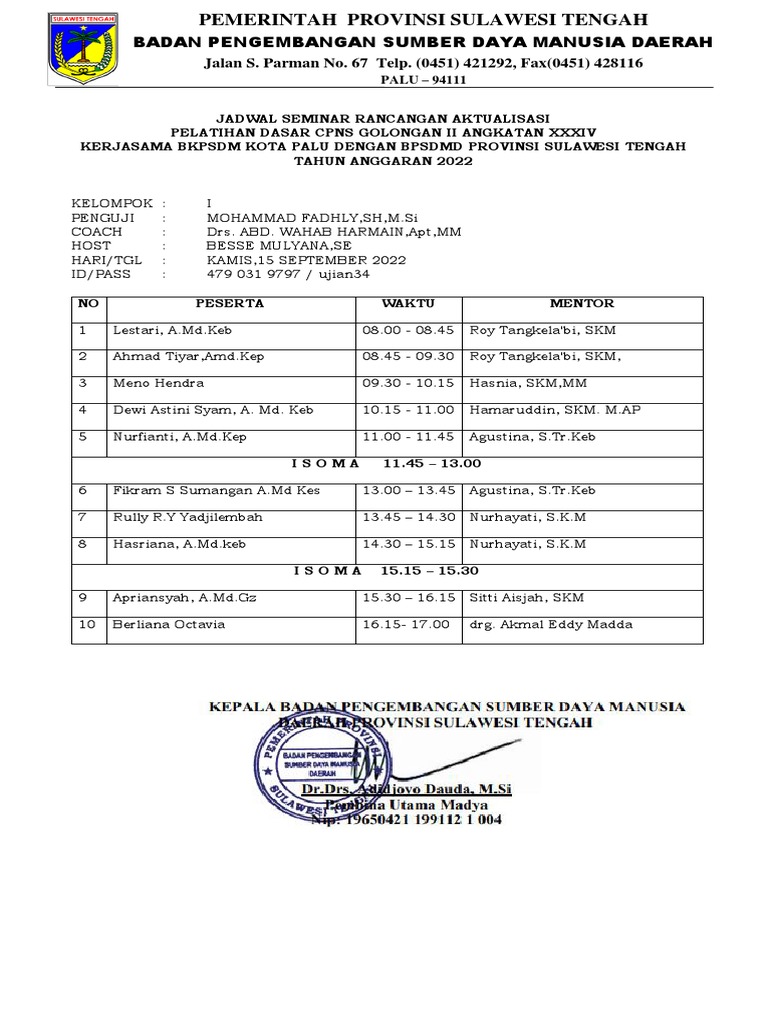 Jadwal Seminar Rancangan 34 Kota Palu | PDF