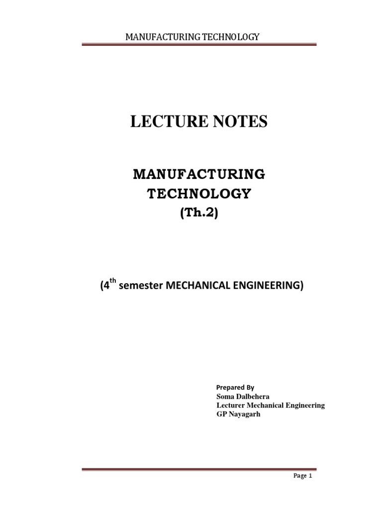 Manufacturing Tech Lect Notes With Sample Ques Download Free Pdf Steel Machining