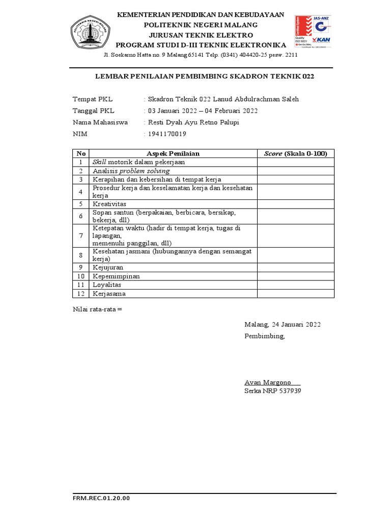 Lembar Penilaian Pembimbing Skatek 022 - Resti | PDF
