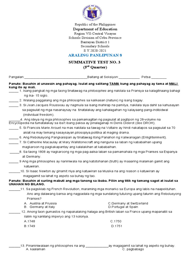 Araling Panlipunan - Summative Test 3 (4TH Quarter) | PDF