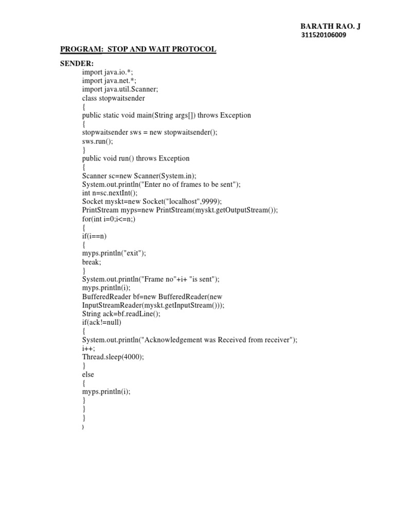 Program: Stop and Wait Protocol | PDF | Network Architecture | Computer Networking