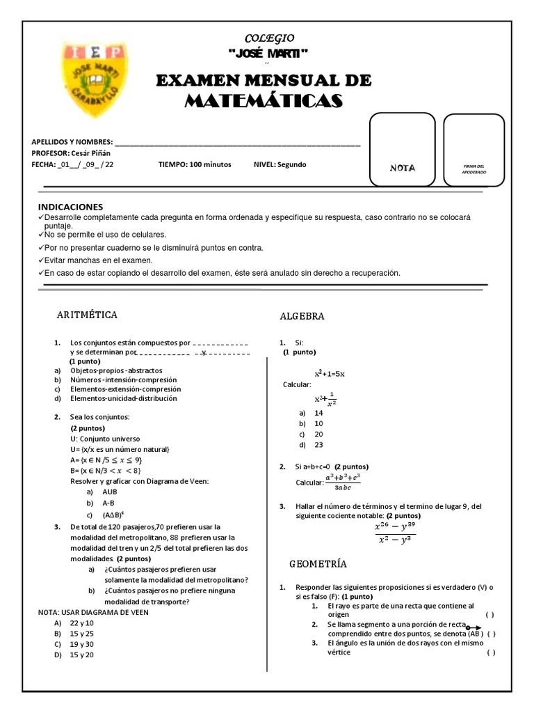 Examen de Matematicas-Nivel 2 | PDF | Geometría Elemental | Matemática ...